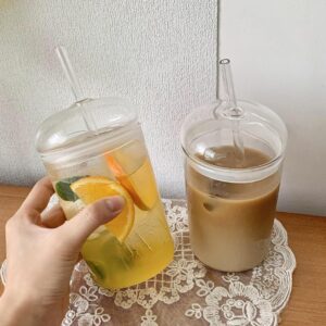 Milk Juice Water Cups, 450ml Transparent Glass Cups for Coffee Tea Drinks with Straw and Lid Glass Cover Glass Straw Drinking Cup Simple Design Coffee Juice Drinking Water Mug (1Pcs)