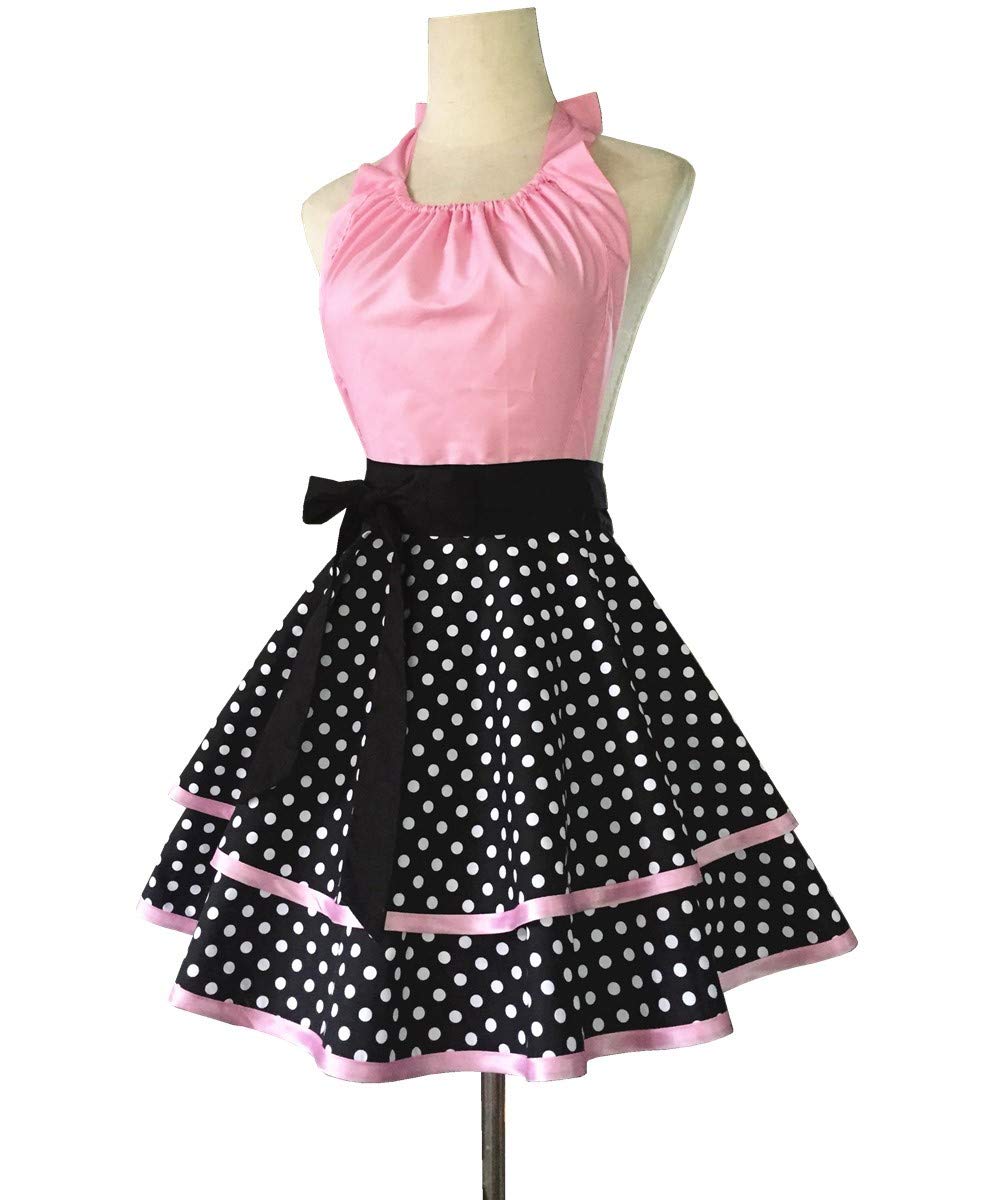 Hyzrz Cute Retro Apron Vintage Maid Polka Dot Kitchen Cooking Aprons for Women Ladies Girls (Pink)