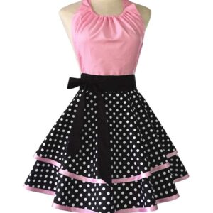 Hyzrz Cute Retro Apron Vintage Maid Polka Dot Kitchen Cooking Aprons for Women Ladies Girls (Pink)