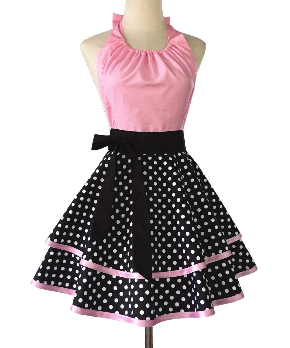 Hyzrz Cute Retro Apron Vintage Maid Polka Dot Kitchen Cooking Aprons for Women Ladies Girls (Pink)