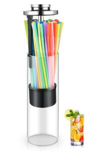 worldity 1pcs straw dispenser and 100pcs drinking straw, straw holder with stainless steel lid, transparent straw dispenser for pencils, stir sticks, drinking straw, black