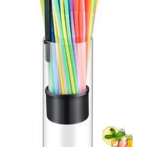 Worldity 1Pcs Straw Dispenser and 100Pcs Drinking Straw, Straw Holder with Stainless Steel Lid, Transparent Straw Dispenser for Pencils, Stir Sticks, Drinking Straw, Black