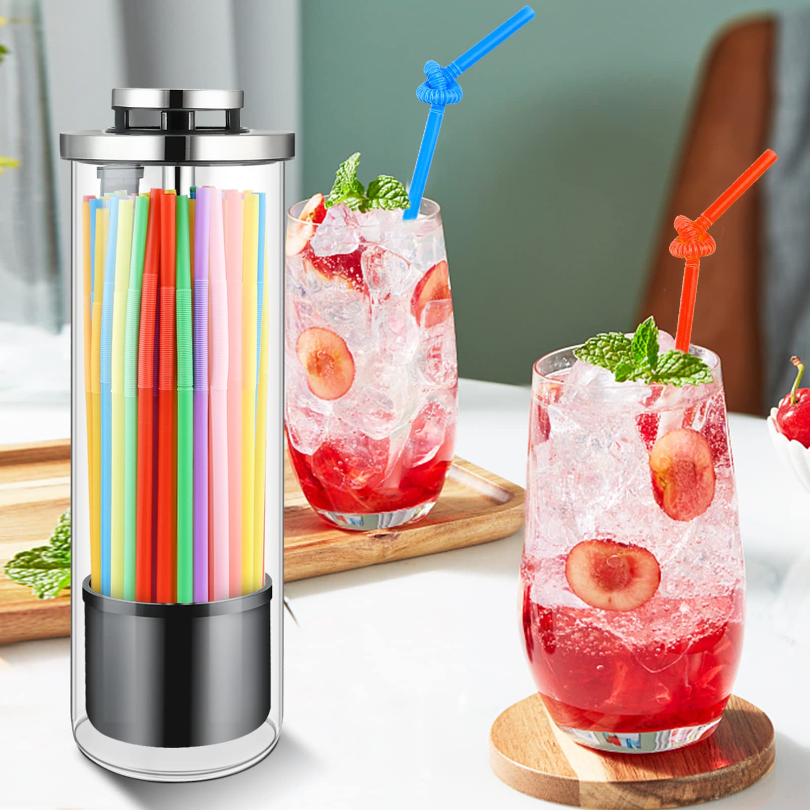 Worldity 1Pcs Straw Dispenser and 100Pcs Drinking Straw, Straw Holder with Stainless Steel Lid, Transparent Straw Dispenser for Pencils, Stir Sticks, Drinking Straw, Black