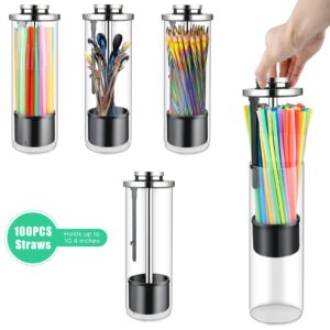 Worldity 1Pcs Straw Dispenser and 100Pcs Drinking Straw, Straw Holder with Stainless Steel Lid, Transparent Straw Dispenser for Pencils, Stir Sticks, Drinking Straw, Black