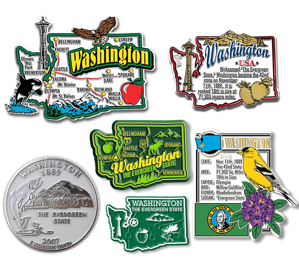 Washington Six-Piece State Magnet Set by Classic Magnets, Includes 6 Unique Designs, Collectible Souvenirs Made in The USA