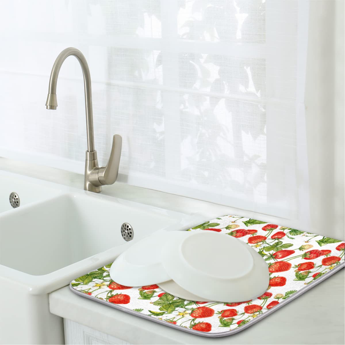 QsirBC Strawberry Fruits Leaves Reversible Dish Drying Mat for Kitchen Counter, 18"x 24", Sink Mat, Pet Feeding Mat, Coffee Bar Mat, Absorbent Microfiber Drainer Mat, Washable Quick Dry Pad