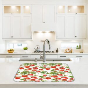 QsirBC Strawberry Fruits Leaves Reversible Dish Drying Mat for Kitchen Counter, 18"x 24", Sink Mat, Pet Feeding Mat, Coffee Bar Mat, Absorbent Microfiber Drainer Mat, Washable Quick Dry Pad