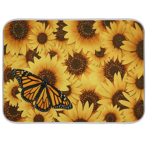 Monarch Butterfly Dish Drying Mat Small for Kitchen Counter, Fast Absorbent Sunflower Tableware Pad Baby Bottle Rack Drainer Mats Sink Decor 16x18 inches