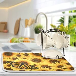 Monarch Butterfly Dish Drying Mat Small for Kitchen Counter, Fast Absorbent Sunflower Tableware Pad Baby Bottle Rack Drainer Mats Sink Decor 16x18 inches