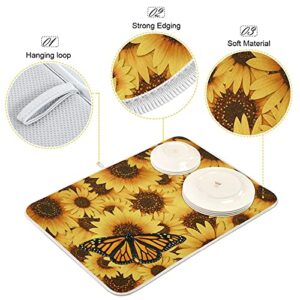 Monarch Butterfly Dish Drying Mat Small for Kitchen Counter, Fast Absorbent Sunflower Tableware Pad Baby Bottle Rack Drainer Mats Sink Decor 16x18 inches