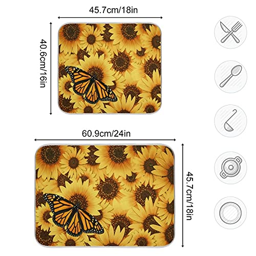 Monarch Butterfly Dish Drying Mat Small for Kitchen Counter, Fast Absorbent Sunflower Tableware Pad Baby Bottle Rack Drainer Mats Sink Decor 16x18 inches