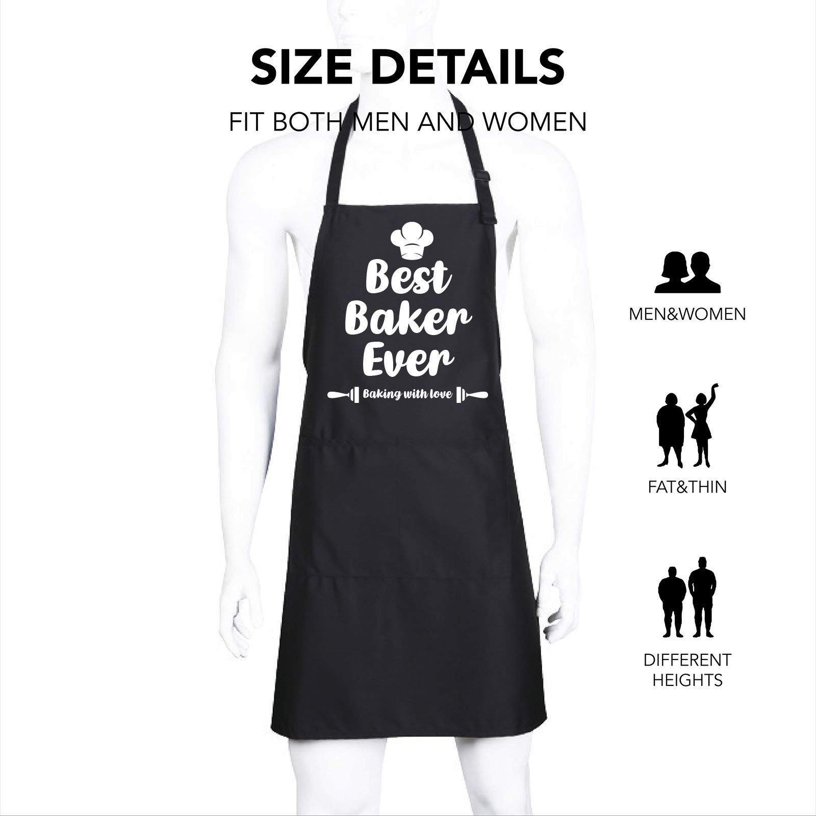 Ihopes Funny Black Apron for Women Men - Best Baker Ever - Cute Kitchen Chef Apron with 2 Pockets and Adjustable Neck Strap - Perfect for Birthday/Christmas/Thanksgiving, Large