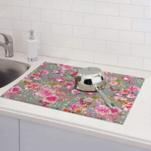 Flower Floral Absorbent Dish Drying Mat XL Pink Kitchen Counter Mat 18 x 24 Microfiber Drying Pad Large