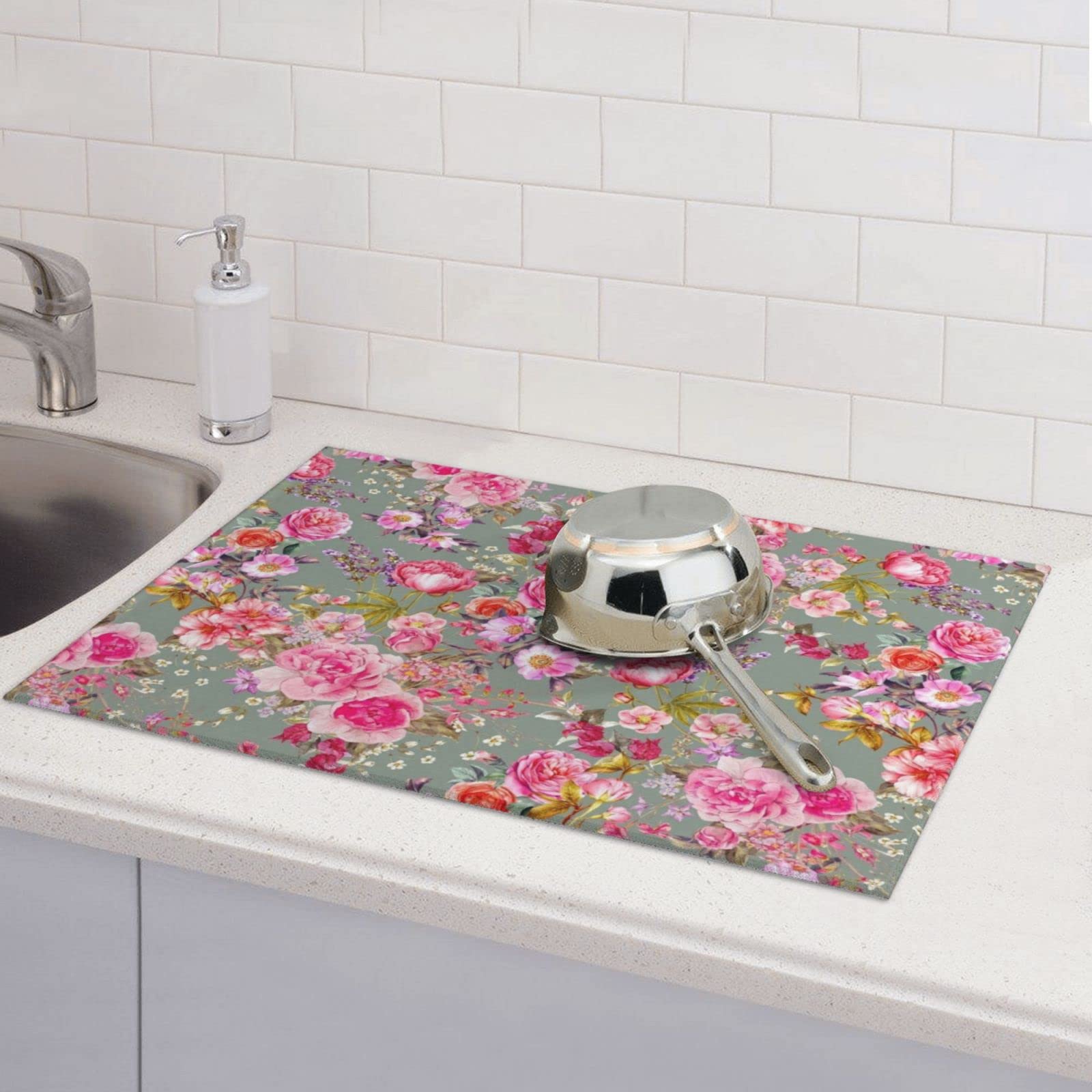 Flower Floral Absorbent Dish Drying Mat XL Pink Kitchen Counter Mat 18 x 24 Microfiber Drying Pad Large