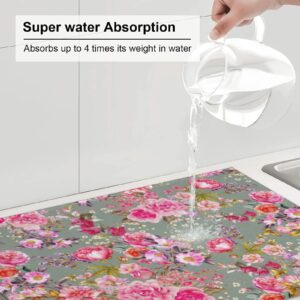 Flower Floral Absorbent Dish Drying Mat XL Pink Kitchen Counter Mat 18 x 24 Microfiber Drying Pad Large