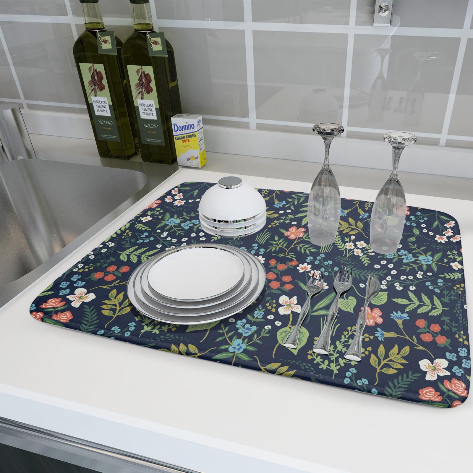 Flower Floral Dish Drying Mat 18x24 inch Microfiber Navy Blue Drying Mats with Hanging Loop Absorbent Green Leaves Dish Drainer Mat Reversible Flowers Drying Pad for Kitchen Counter Sink