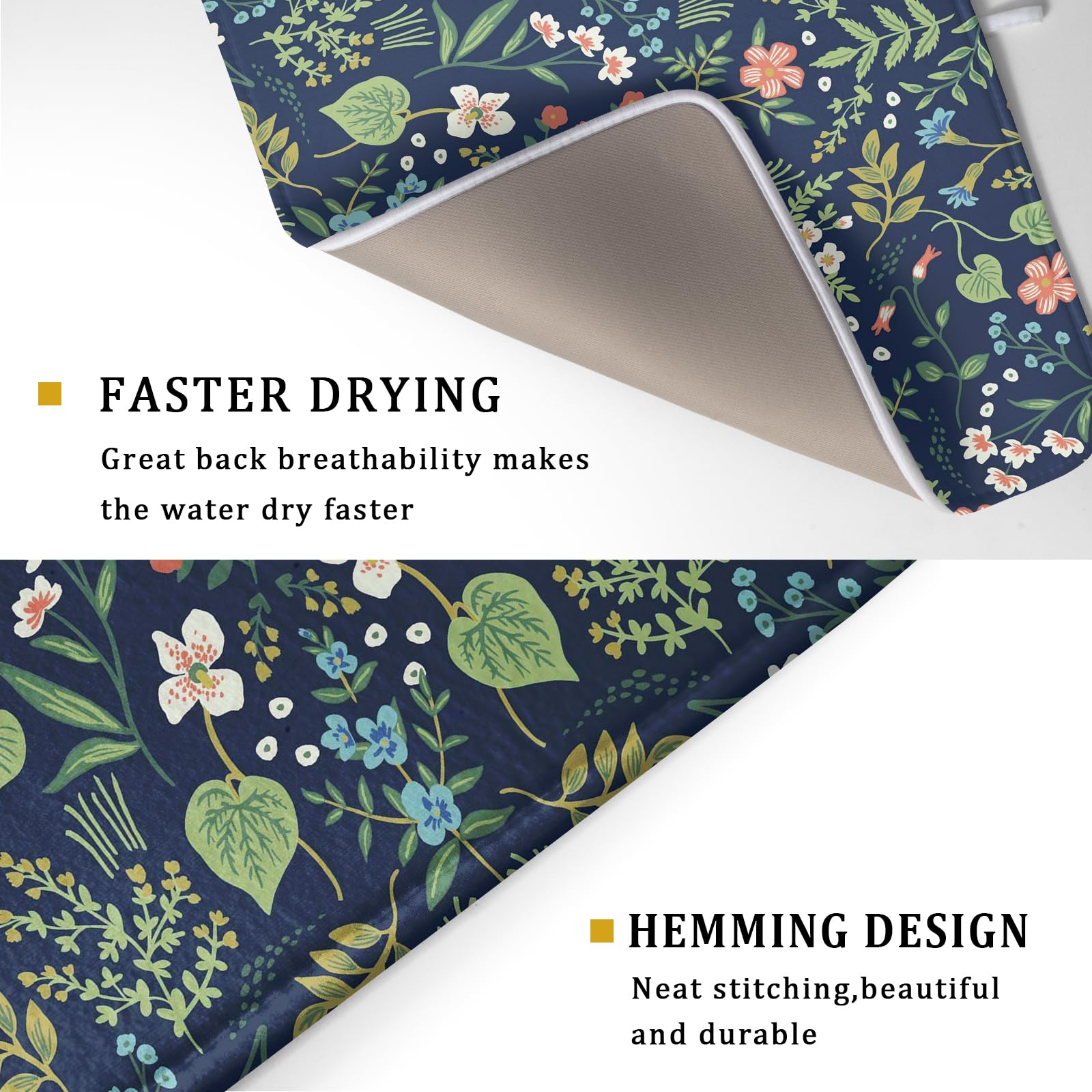 Flower Floral Dish Drying Mat 18x24 inch Microfiber Navy Blue Drying Mats with Hanging Loop Absorbent Green Leaves Dish Drainer Mat Reversible Flowers Drying Pad for Kitchen Counter Sink