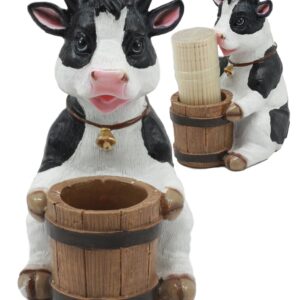 Ebros Country Farm Bovine Cow With Bell Collar Holding A Wooden Barrel Decorative Toothpick Holder Statue With Toothpicks 4"Tall Starter Kit Cattle Animal Figurine Collectible Kitchen Decor