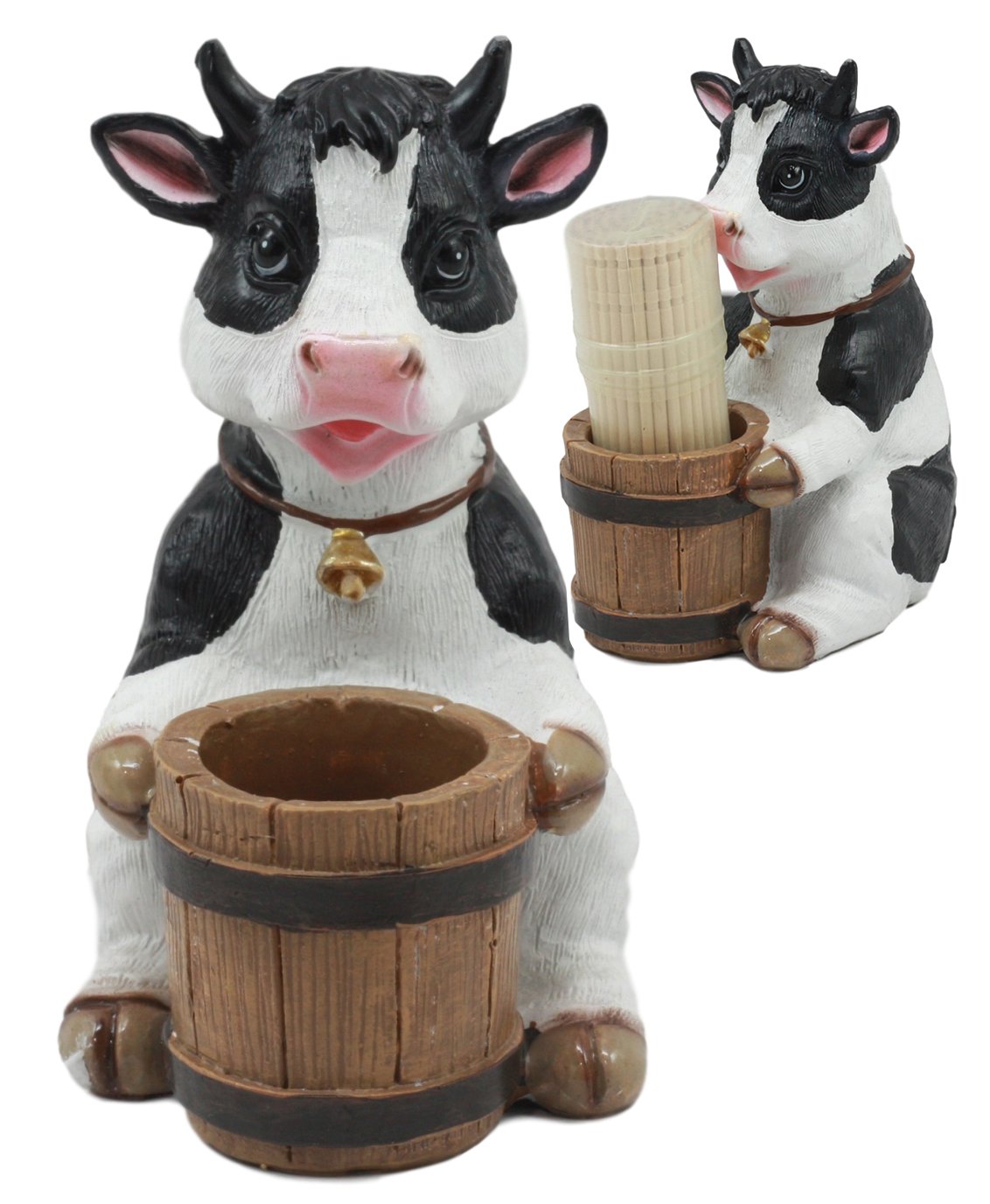 Ebros Country Farm Bovine Cow With Bell Collar Holding A Wooden Barrel Decorative Toothpick Holder Statue With Toothpicks 4"Tall Starter Kit Cattle Animal Figurine Collectible Kitchen Decor