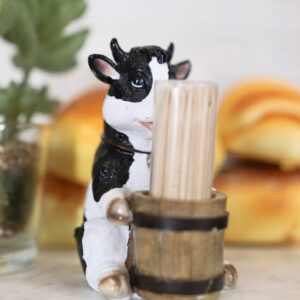 Ebros Country Farm Bovine Cow With Bell Collar Holding A Wooden Barrel Decorative Toothpick Holder Statue With Toothpicks 4"Tall Starter Kit Cattle Animal Figurine Collectible Kitchen Decor