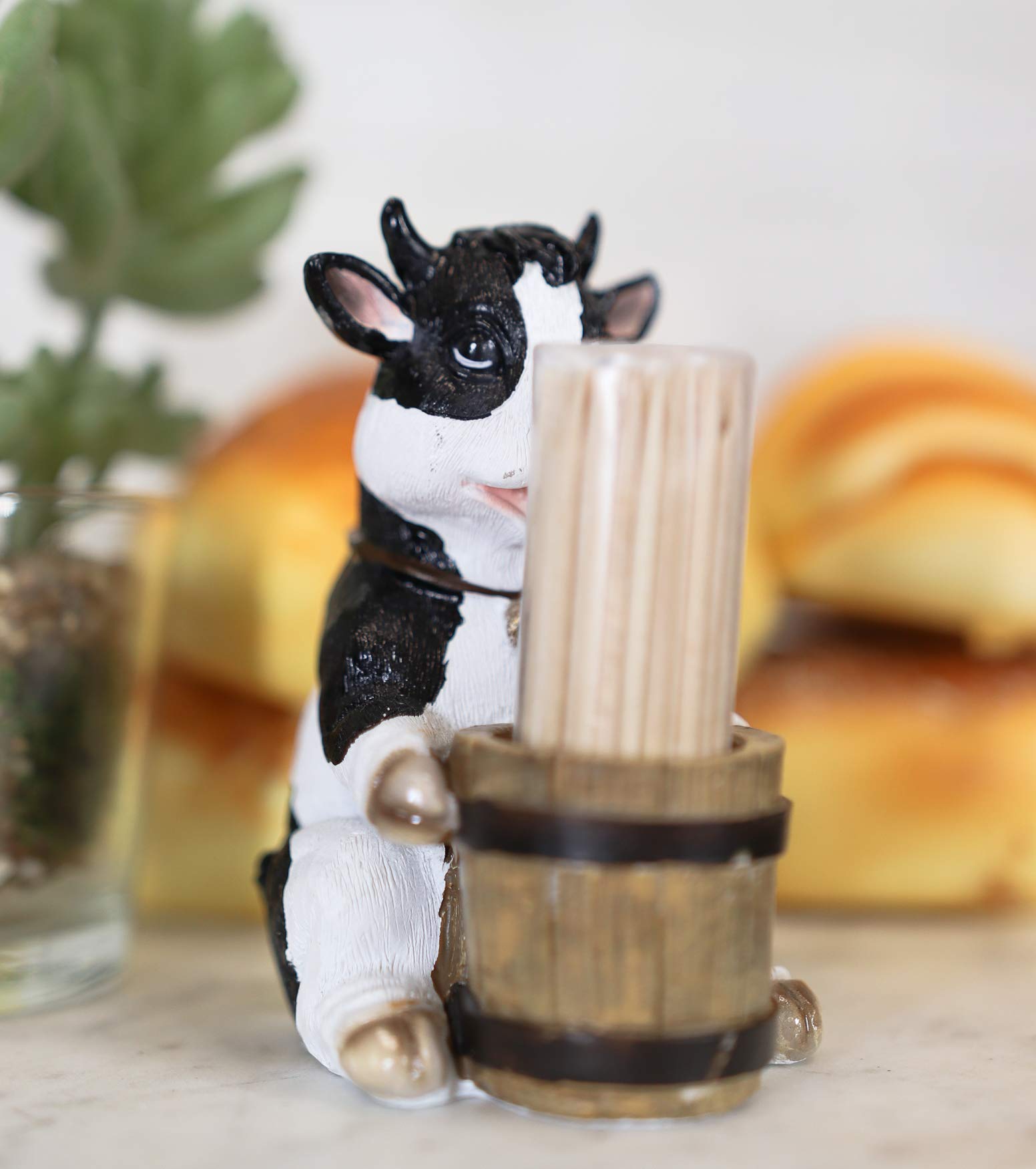 Ebros Country Farm Bovine Cow With Bell Collar Holding A Wooden Barrel Decorative Toothpick Holder Statue With Toothpicks 4"Tall Starter Kit Cattle Animal Figurine Collectible Kitchen Decor