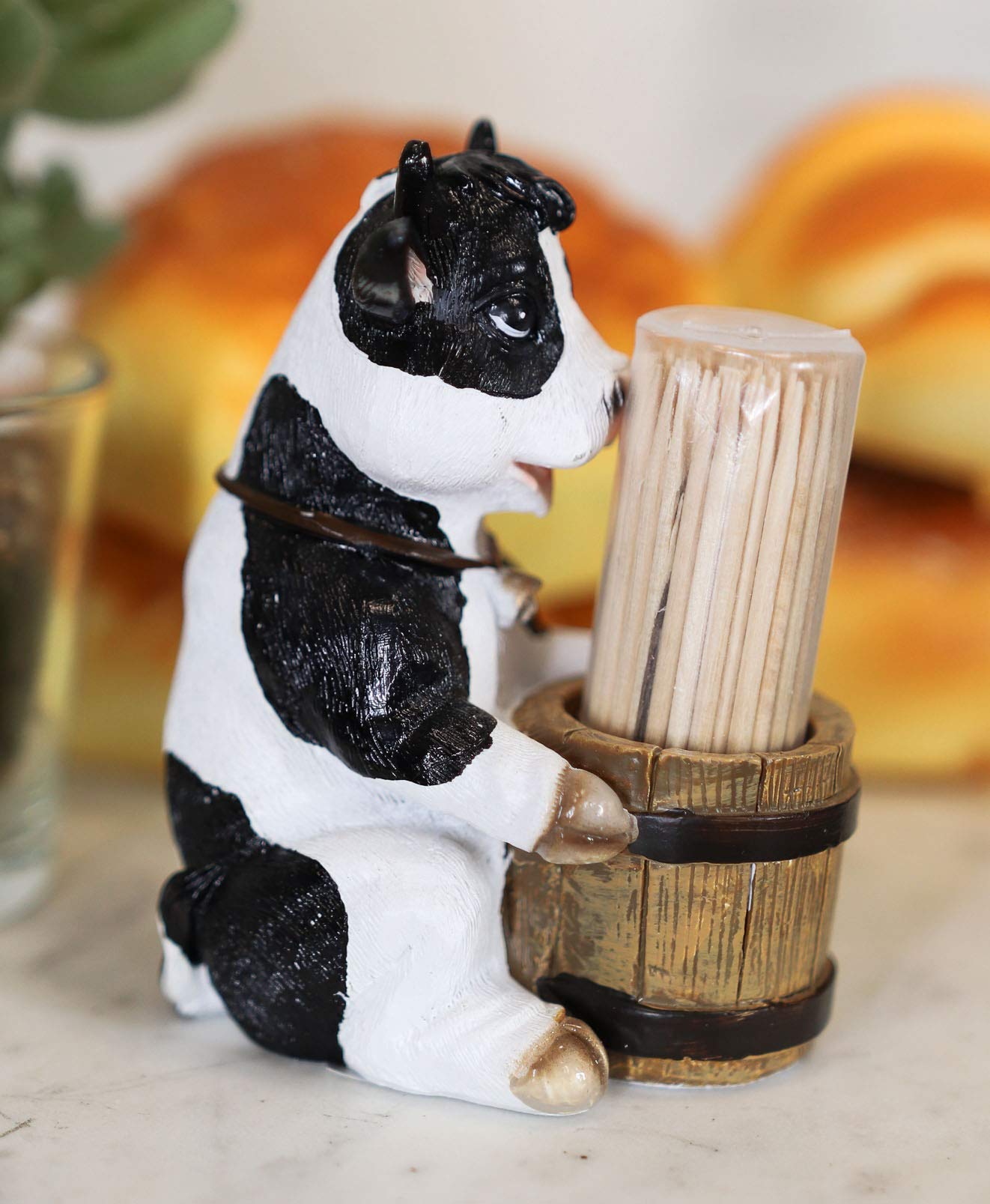 Ebros Country Farm Bovine Cow With Bell Collar Holding A Wooden Barrel Decorative Toothpick Holder Statue With Toothpicks 4"Tall Starter Kit Cattle Animal Figurine Collectible Kitchen Decor