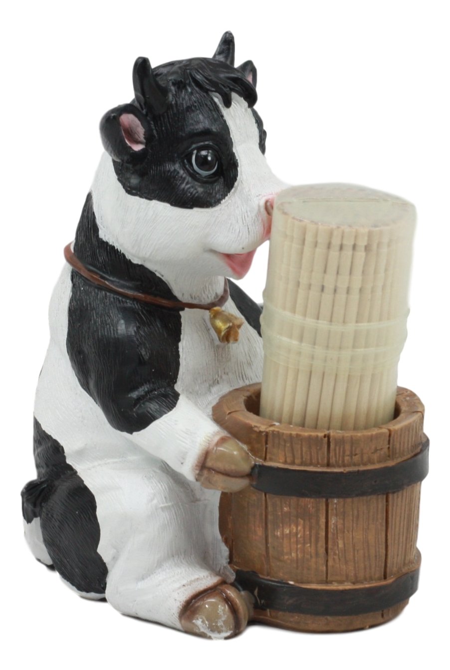 Ebros Country Farm Bovine Cow With Bell Collar Holding A Wooden Barrel Decorative Toothpick Holder Statue With Toothpicks 4"Tall Starter Kit Cattle Animal Figurine Collectible Kitchen Decor