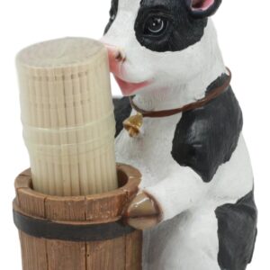 Ebros Country Farm Bovine Cow With Bell Collar Holding A Wooden Barrel Decorative Toothpick Holder Statue With Toothpicks 4"Tall Starter Kit Cattle Animal Figurine Collectible Kitchen Decor