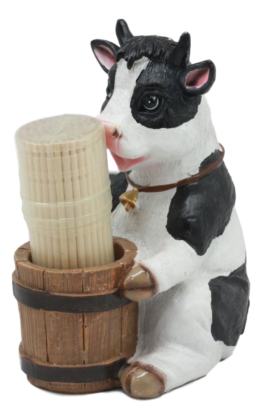 Ebros Country Farm Bovine Cow With Bell Collar Holding A Wooden Barrel Decorative Toothpick Holder Statue With Toothpicks 4"Tall Starter Kit Cattle Animal Figurine Collectible Kitchen Decor