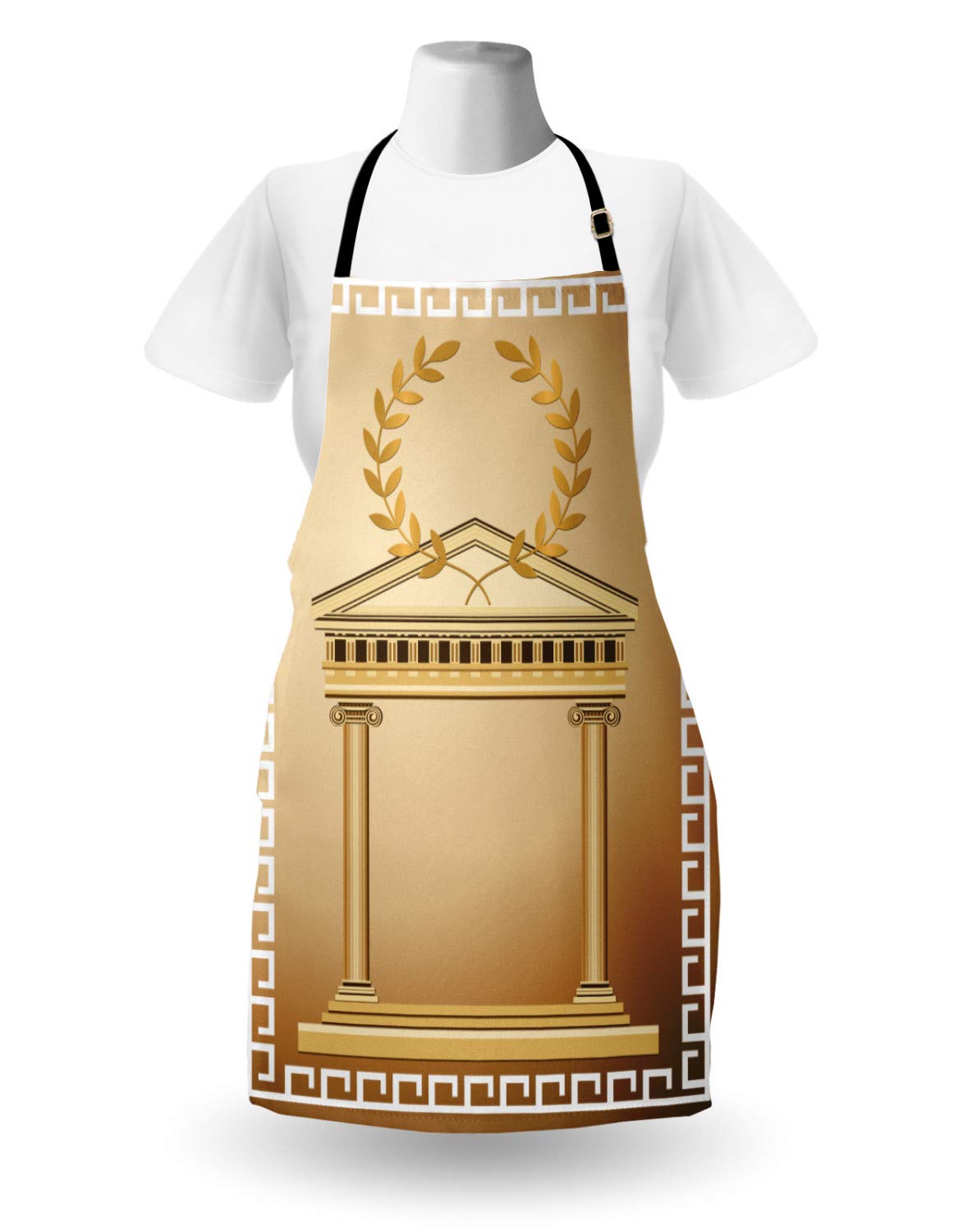 Ambesonne Retro Apron, Antique Building Roman Olive Branch and Greek Architecture Motif, Unisex Kitchen Bib with Adjustable Neck for Cooking Gardening, Adult Size, Brown Coffee