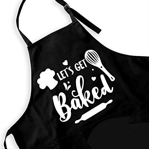 Ihopes Funny Black Baking Apron for Women Teens Baker,Cute Let's Get Baked Baking Apron with 2 Pockets and Adjustable Neck Strap,Perfect for Birthday/Christmas/Thanksgiving, Large