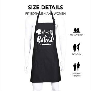 Ihopes Funny Black Baking Apron for Women Teens Baker,Cute Let's Get Baked Baking Apron with 2 Pockets and Adjustable Neck Strap,Perfect for Birthday/Christmas/Thanksgiving, Large