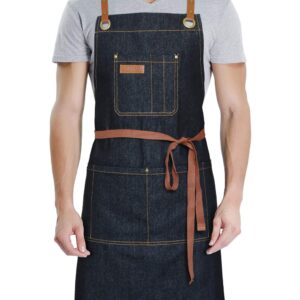 DingSay Trendy Professional Black Denim Apron with Pockets for Chef Cooking Kitchen Grill BBQ Hairstylist Painting, Mens Womens Apron with Leather Cross Back Straps