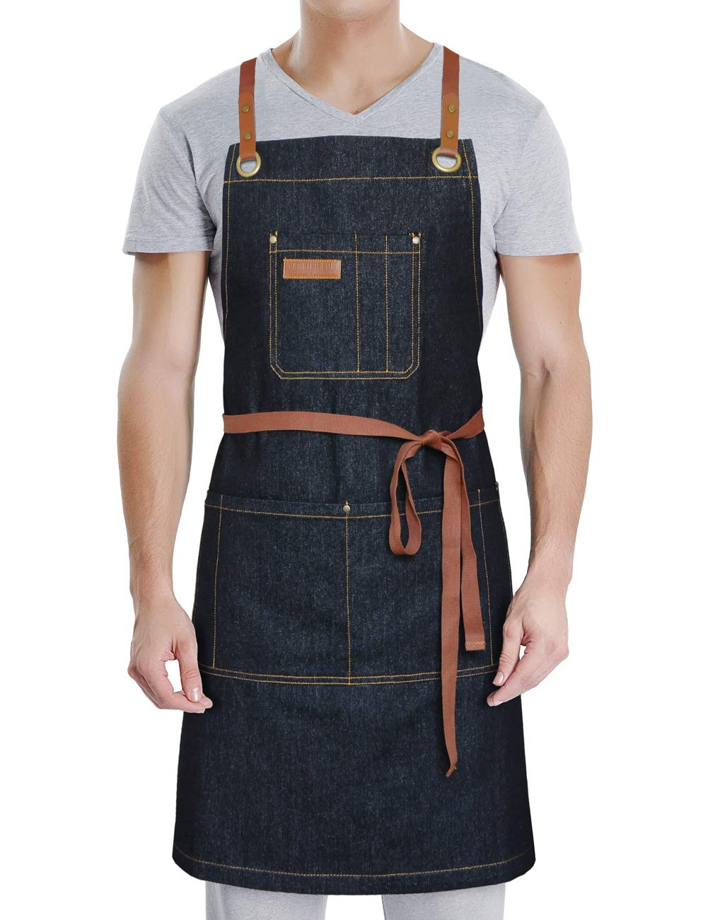 DingSay Trendy Professional Black Denim Apron with Pockets for Chef Cooking Kitchen Grill BBQ Hairstylist Painting, Mens Womens Apron with Leather Cross Back Straps