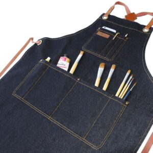 DingSay Trendy Professional Black Denim Apron with Pockets for Chef Cooking Kitchen Grill BBQ Hairstylist Painting, Mens Womens Apron with Leather Cross Back Straps