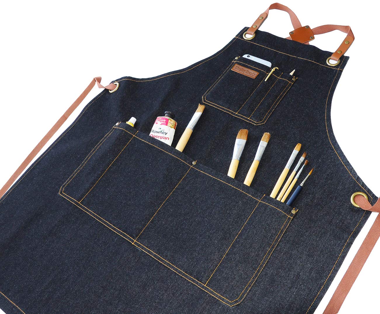 DingSay Trendy Professional Black Denim Apron with Pockets for Chef Cooking Kitchen Grill BBQ Hairstylist Painting, Mens Womens Apron with Leather Cross Back Straps