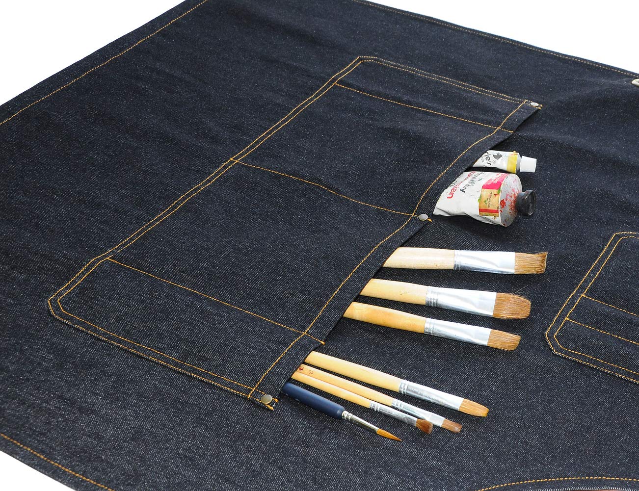 DingSay Trendy Professional Black Denim Apron with Pockets for Chef Cooking Kitchen Grill BBQ Hairstylist Painting, Mens Womens Apron with Leather Cross Back Straps