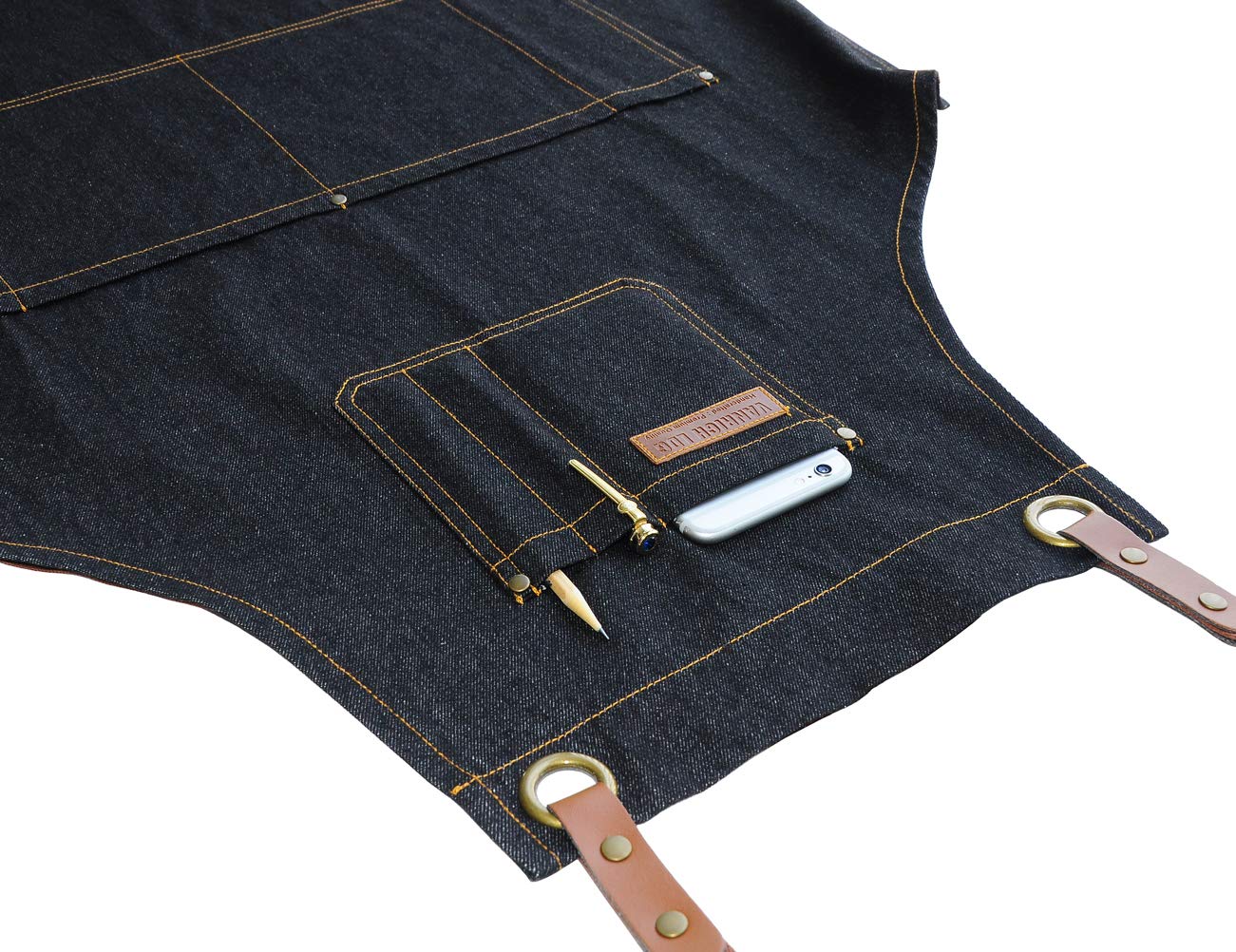 DingSay Trendy Professional Black Denim Apron with Pockets for Chef Cooking Kitchen Grill BBQ Hairstylist Painting, Mens Womens Apron with Leather Cross Back Straps