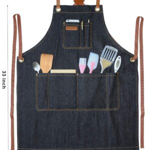 DingSay Trendy Professional Black Denim Apron with Pockets for Chef Cooking Kitchen Grill BBQ Hairstylist Painting, Mens Womens Apron with Leather Cross Back Straps