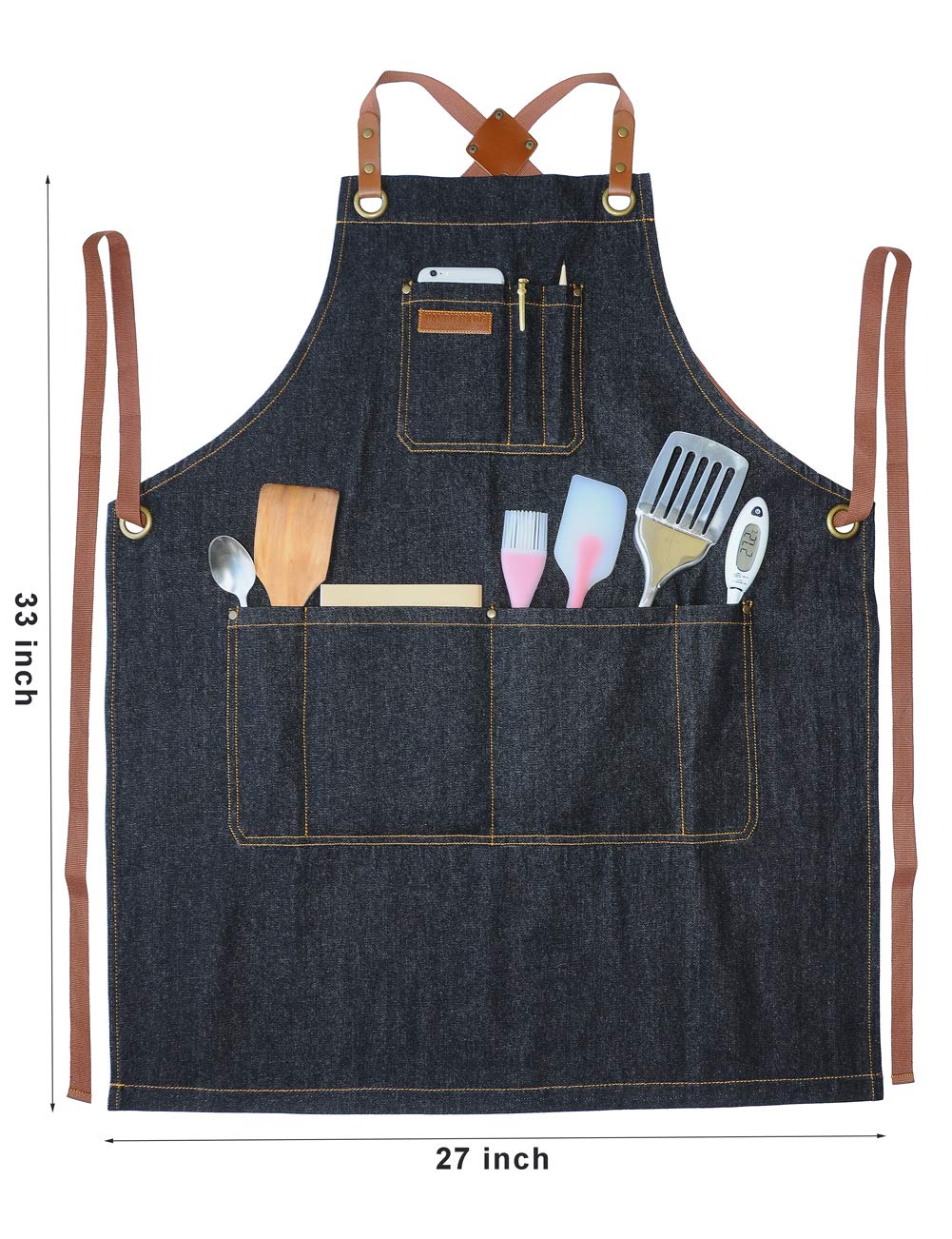 DingSay Trendy Professional Black Denim Apron with Pockets for Chef Cooking Kitchen Grill BBQ Hairstylist Painting, Mens Womens Apron with Leather Cross Back Straps