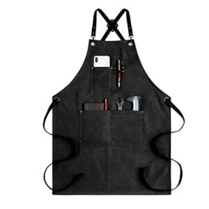 venk ltdd chef apron for men women, cotton canvas heavy duty work apron with pockets, cross back straps canvas apron kitchen apron for grilling cooking bbq baking (23 inches x 31 inches ), black