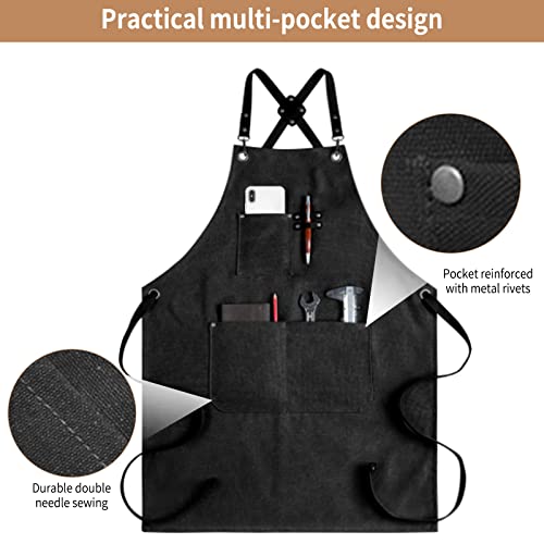 VENK LTDD Chef Apron for Men Women, Cotton Canvas Heavy Duty Work Apron with Pockets, Cross Back Straps Canvas Apron Kitchen Apron for Grilling Cooking BBQ Baking (23 inches x 31 inches ), Black