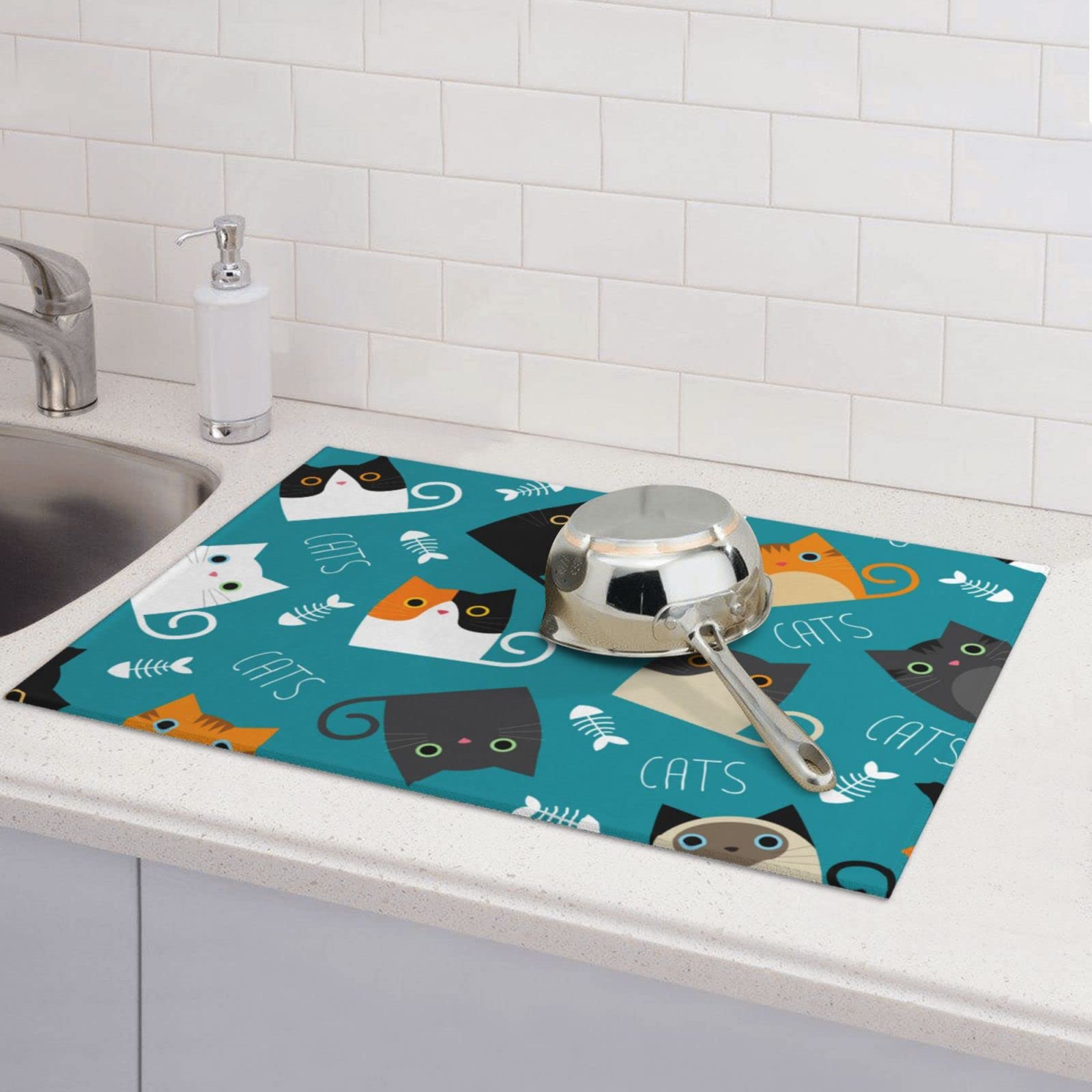 Perinsto Funny Cats Dish Drying Mat 18 X 24 Inch, Cute Cartoon Design Kitchen Counter Drainer Mats Dishes Dry Pad Protector Rack Mat, Absorbent Reversible