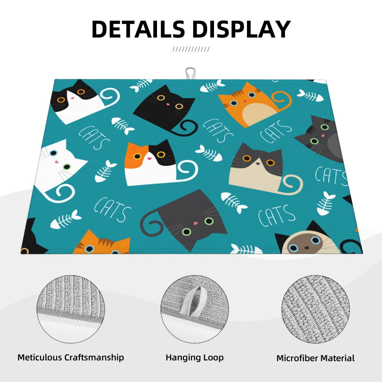 Perinsto Funny Cats Dish Drying Mat 18 X 24 Inch, Cute Cartoon Design Kitchen Counter Drainer Mats Dishes Dry Pad Protector Rack Mat, Absorbent Reversible