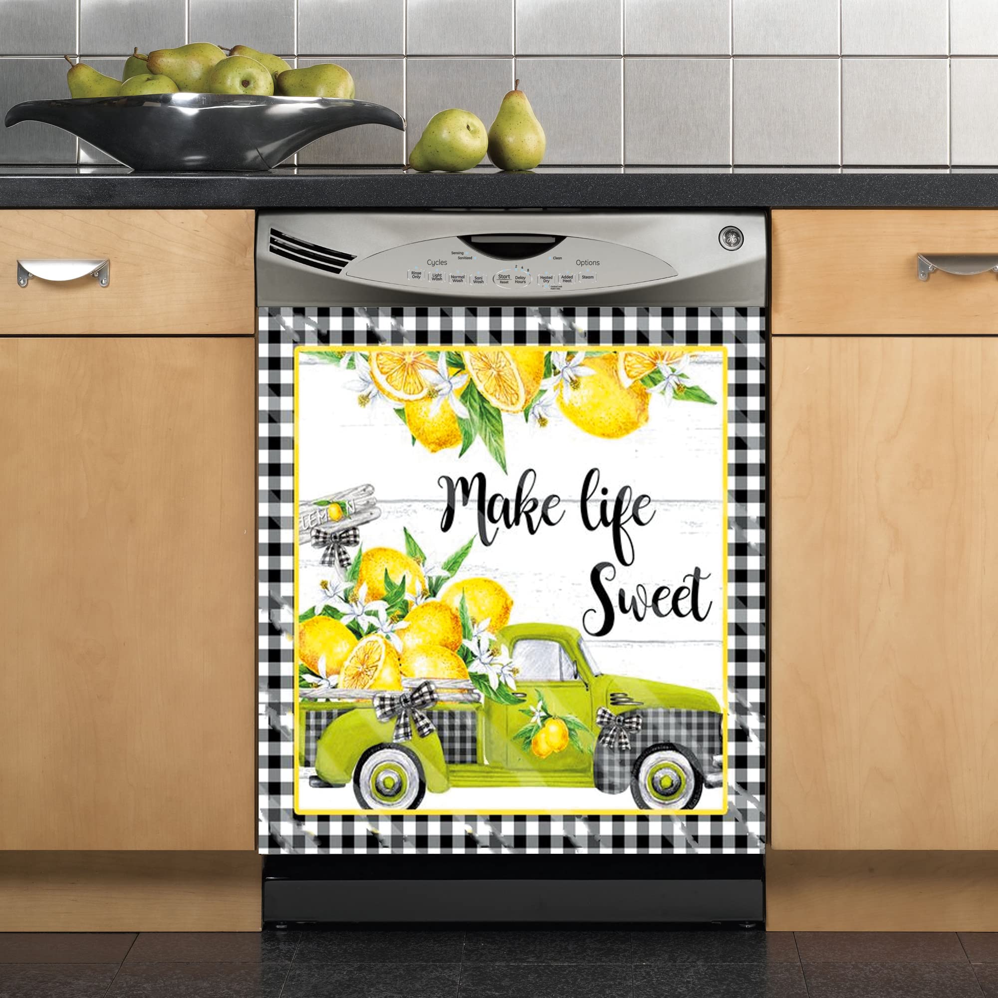 JUMU Make Life Sweet Flower Dishwasher Magnet Cover Sticker,Lemon Magnetic Decal Decoration,Little Green Car Kitchen