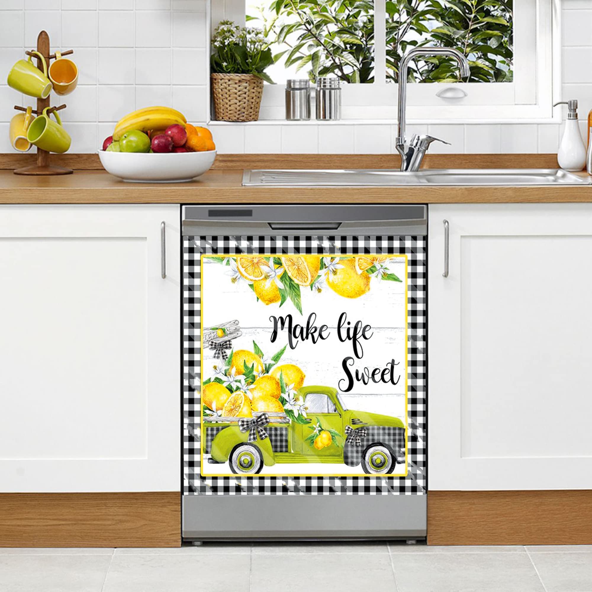 JUMU Make Life Sweet Flower Dishwasher Magnet Cover Sticker,Lemon Magnetic Decal Decoration,Little Green Car Kitchen