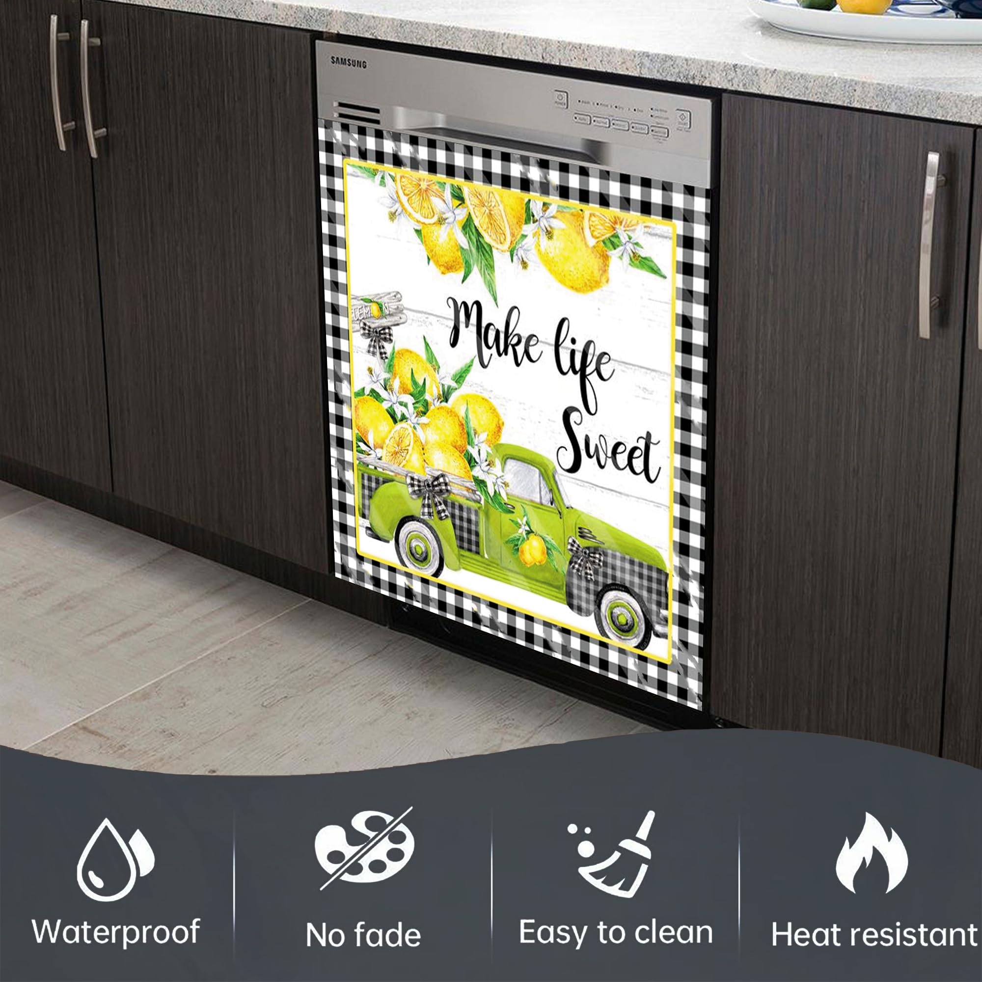 JUMU Make Life Sweet Flower Dishwasher Magnet Cover Sticker,Lemon Magnetic Decal Decoration,Little Green Car Kitchen