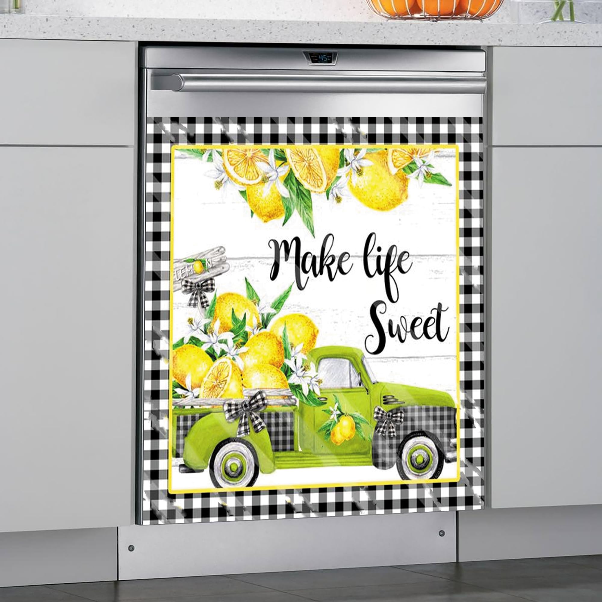 JUMU Make Life Sweet Flower Dishwasher Magnet Cover Sticker,Lemon Magnetic Decal Decoration,Little Green Car Kitchen