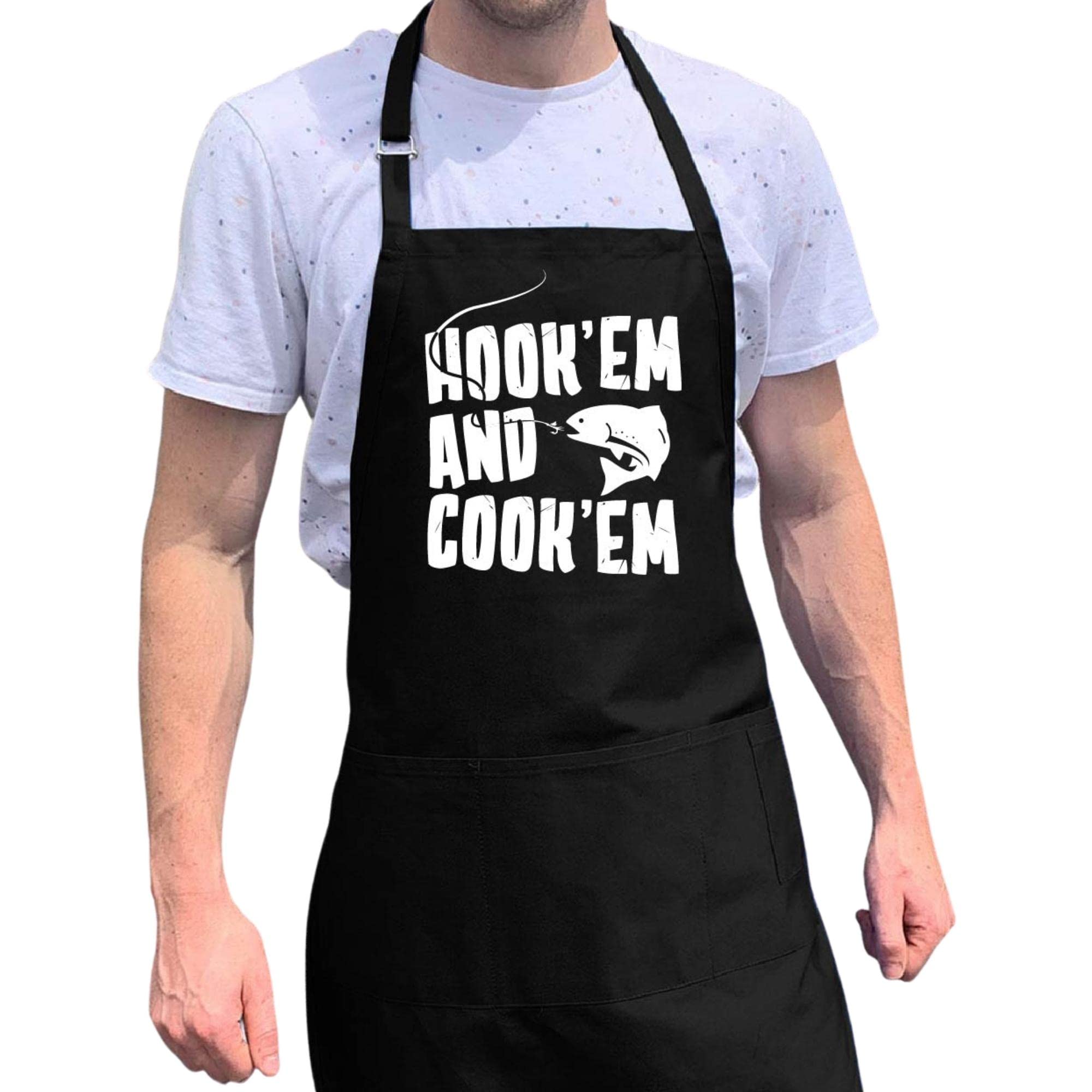 ApronMen, Hook 'Em Cook 'Em Funny Fishing Redneck Apron - Great BBQ Grilling Gifts for Dad - Adjustable One Size Fits All - Chef Kitchen Aprons for Men