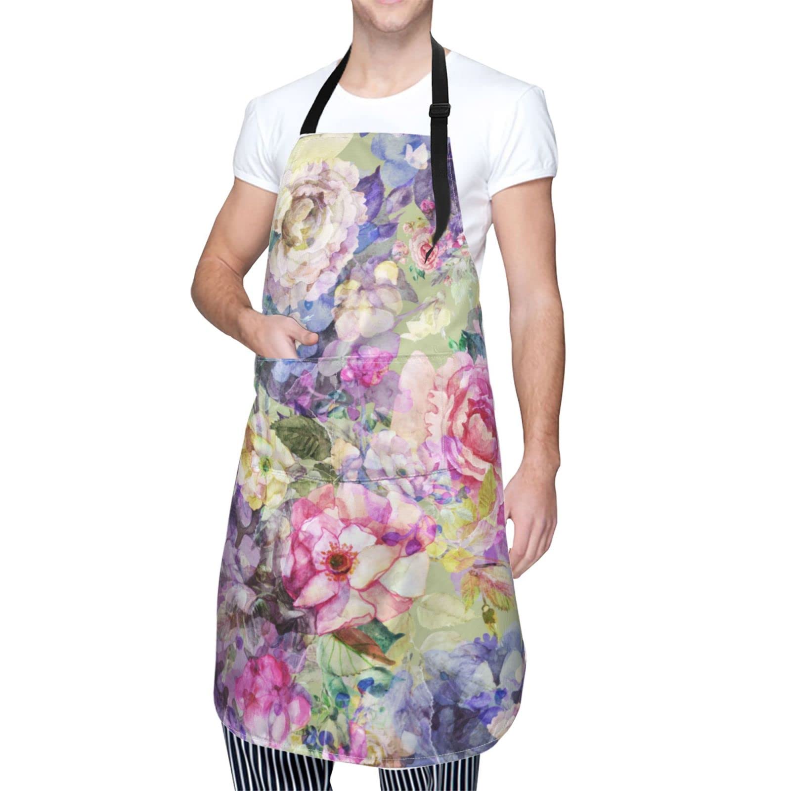 Nameapo Rainbow Roses Sea of Flowers Aprons for Women, Cooking Bib for Kitchen Baking with 2 Pockets, 33"×28"